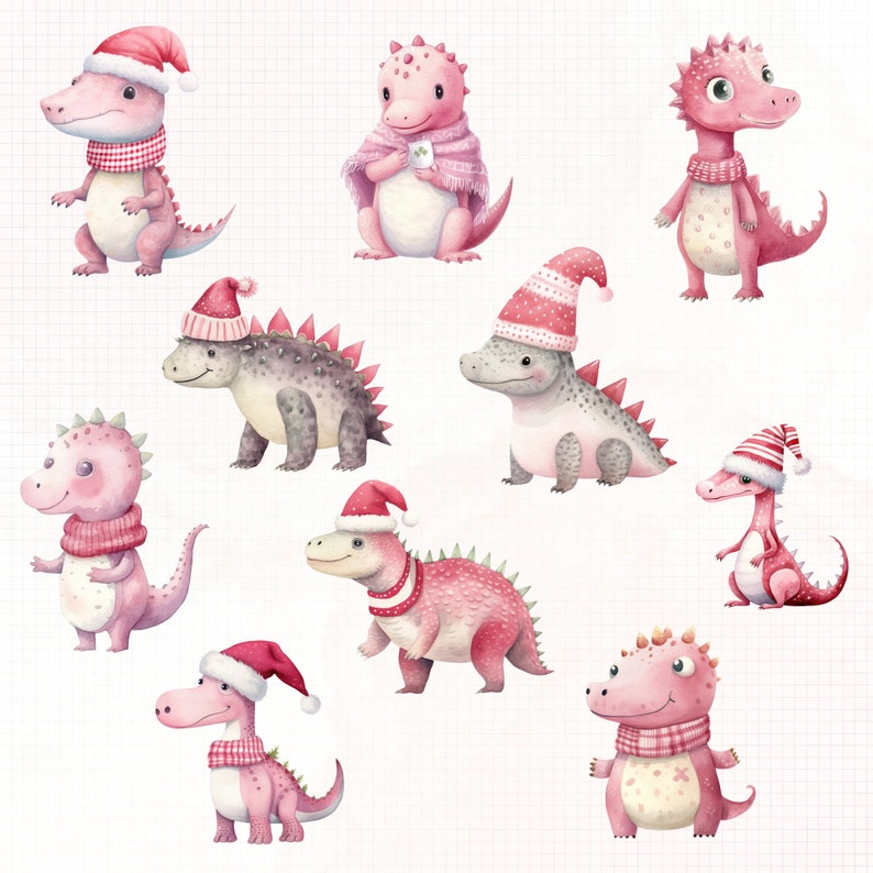 Christmas Dinosaurs Clipart, Watercolor Pink Dinosaur PNG, Nursery Art ...
