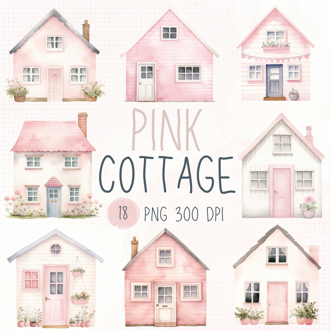 Watercolor Cottage Clipart, Pink Tiny House Png, Cottage Houses Png ...