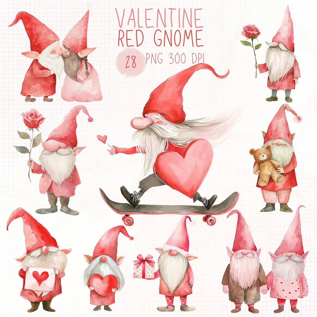 Valentine's Day Gnomes Clipart, Watercolor Gnome Clipart, Red Gnomes ...