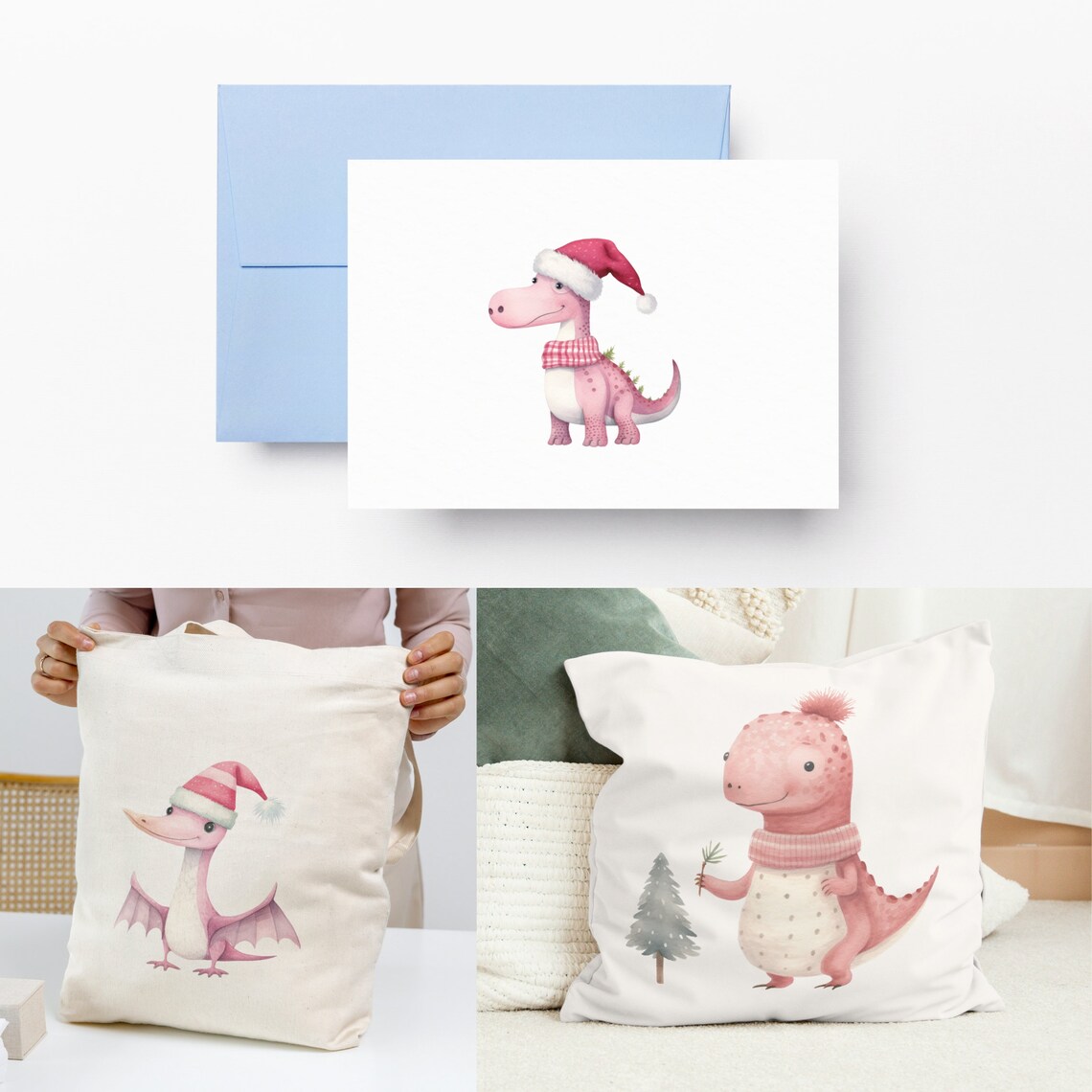 Christmas Dinosaurs Clipart, Watercolor Pink Dinosaur PNG, Nursery Art ...
