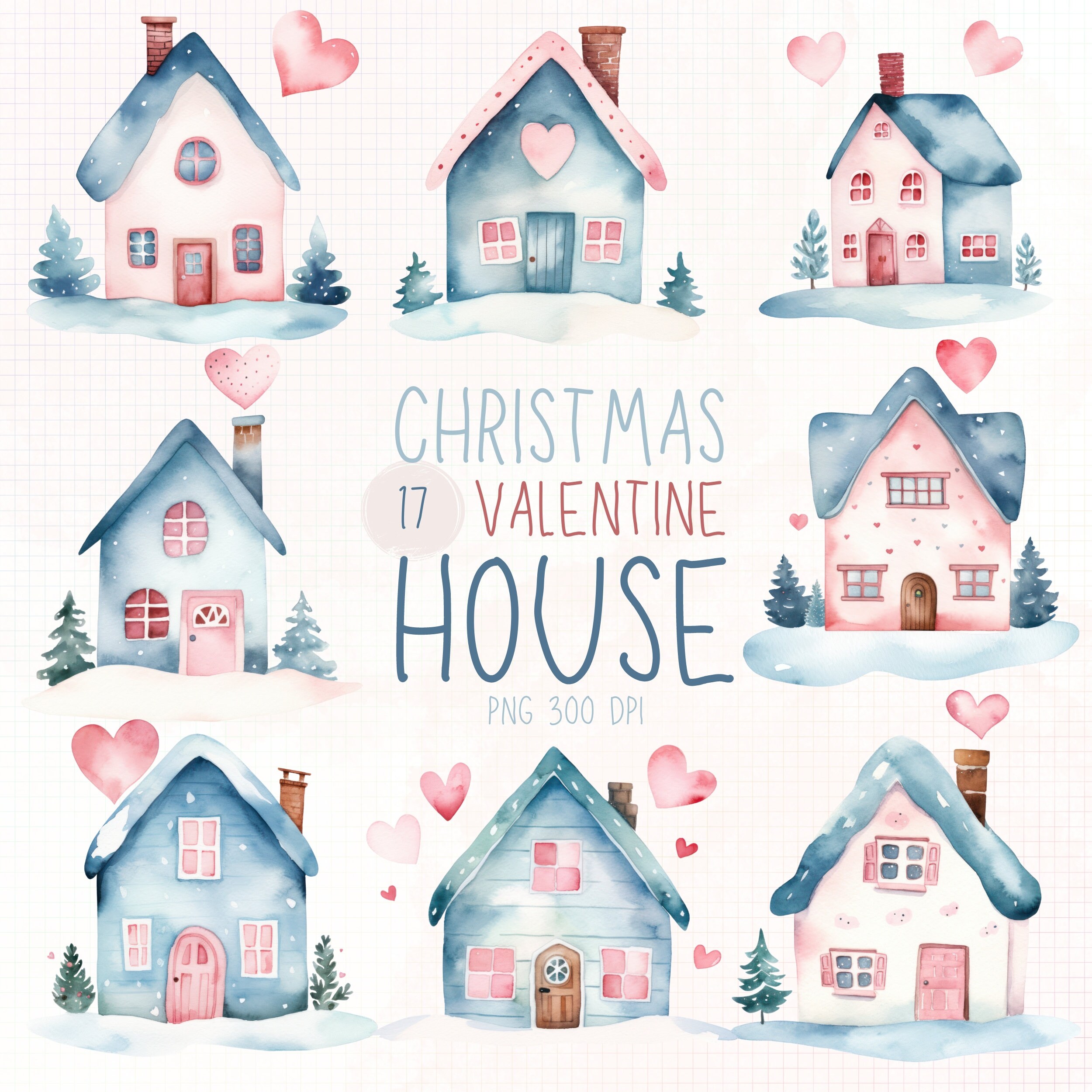Christmas Valentine House Clipart, Watercolor Christmas Cottage Houses ...