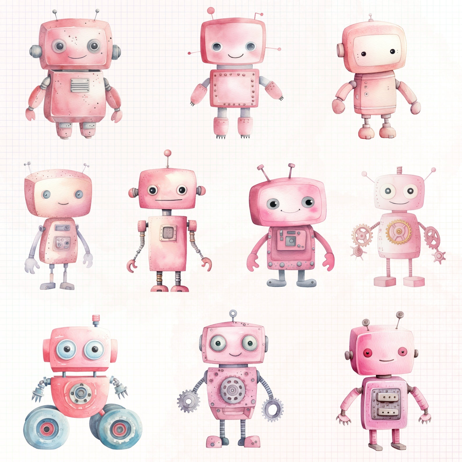 Pink Robot Watercolor Clipart, Cute Robots Bundle PNG, Mechanic ...