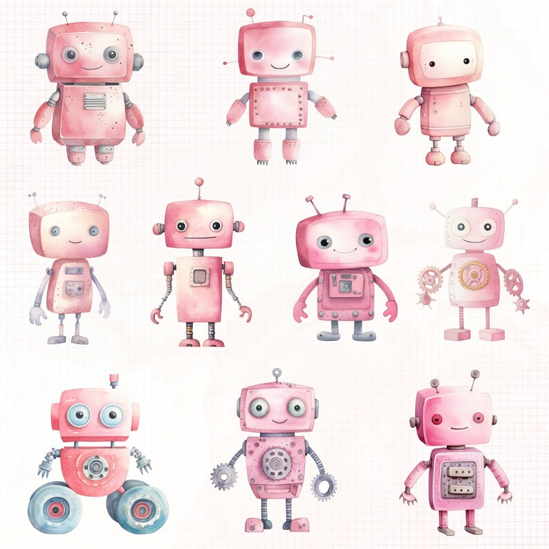 Pink Robot Watercolor Clipart, Cute Robots Bundle PNG, Mechanic ...