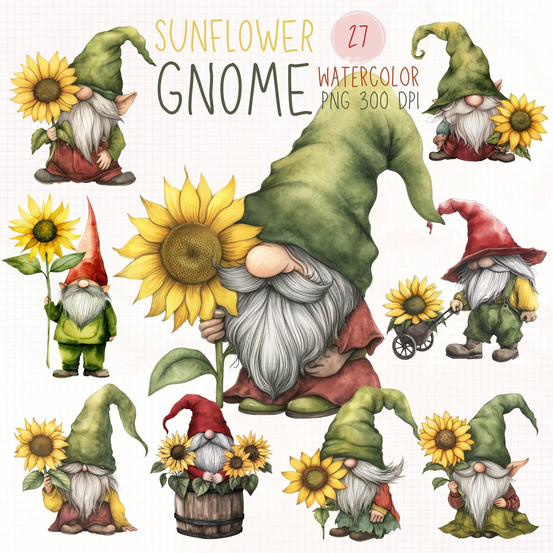 Sunflower Gnome Png, Garden Gnome Cute Watercolor Clipart, Spring Gnome ...