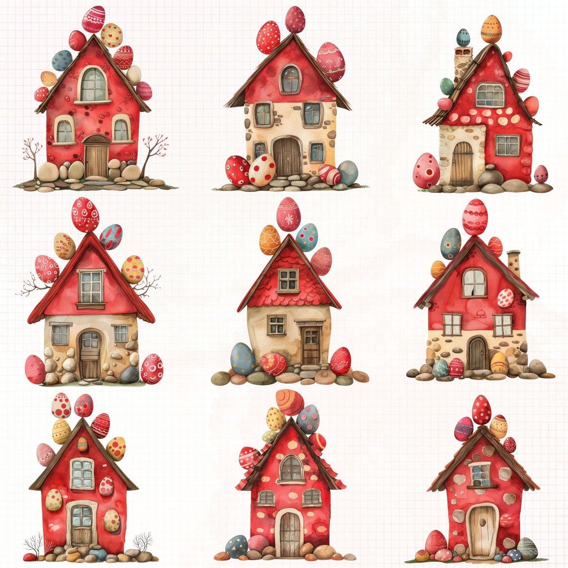 Watercolor Easter Cottage Clipart Bundle, Spring Houses PNG (digital ...