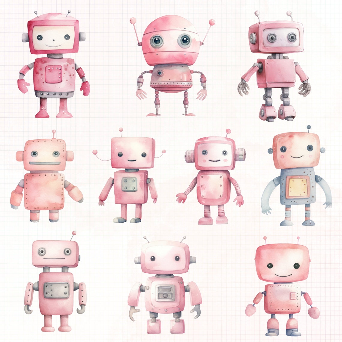 Pink Robot Watercolor Clipart, Cute Robots Bundle PNG, Mechanic ...