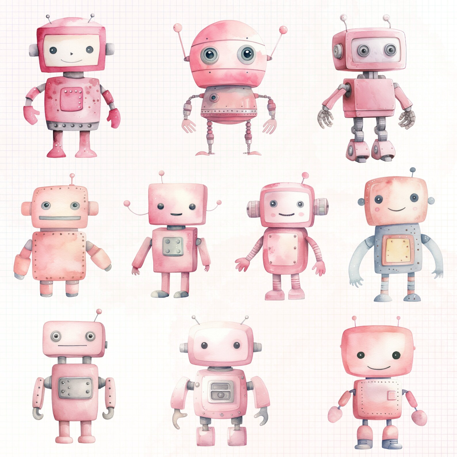 Pink Robot Watercolor Clipart, Cute Robots Bundle PNG, Mechanic ...