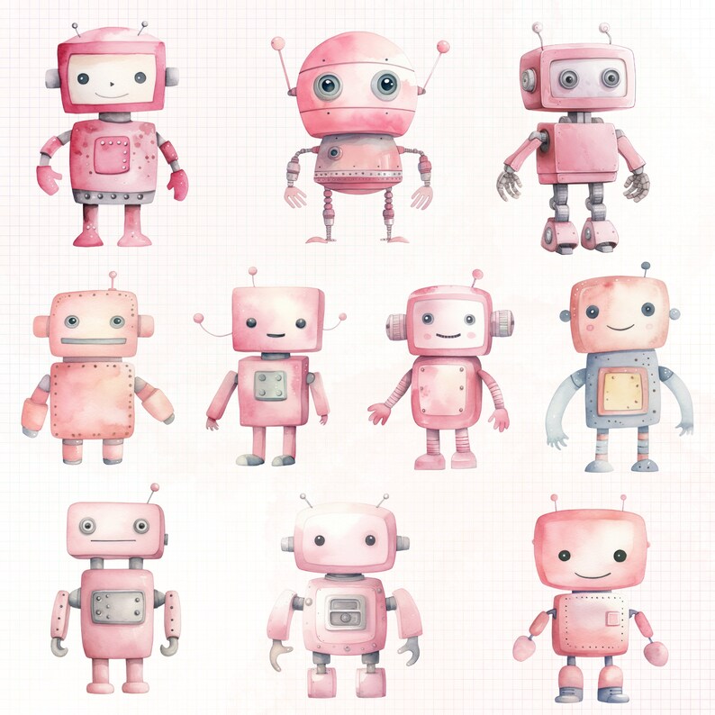Pink Robot Watercolor Clipart, Cute Robots Bundle PNG, Mechanic ...