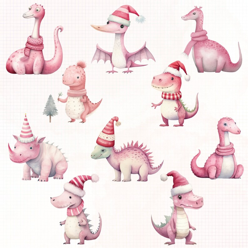 Christmas Dinosaurs Clipart, Watercolor Pink Dinosaur PNG, Nursery Art ...