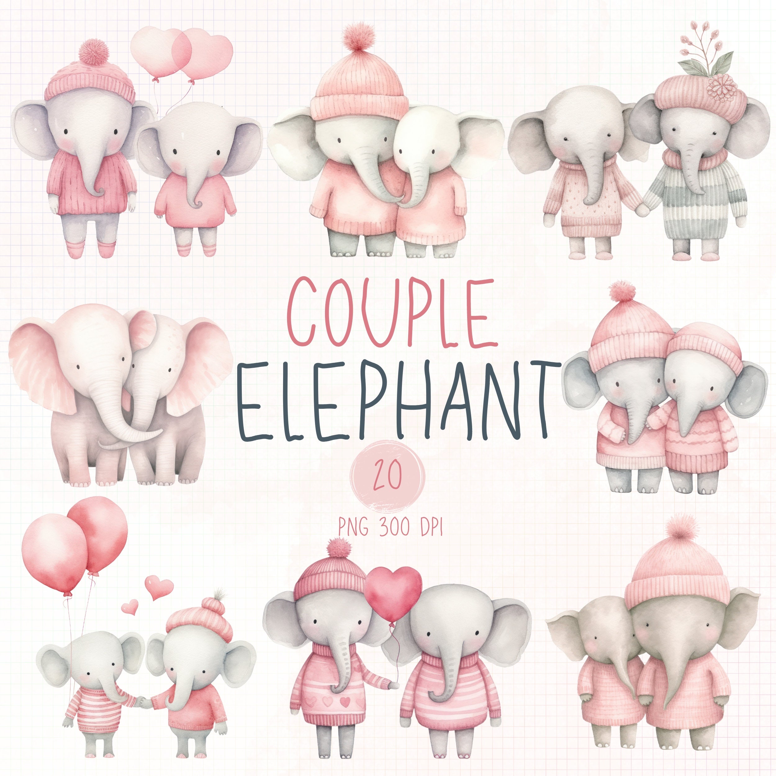 Couple Elephant Clipart Cute Pink Watercolor Elephants PNG - Etsy