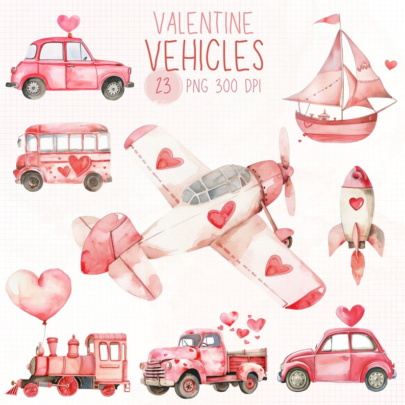 Valentine Vehicle, Valentine's Day Vehicle Clipart, Watercolor Vehicle ...