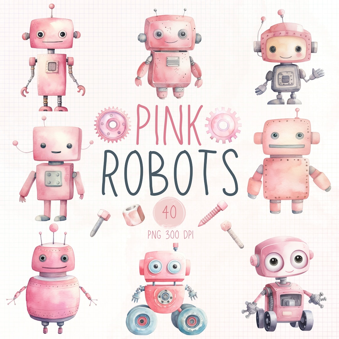 Pink Robot Watercolor Clipart, Cute Robots Bundle PNG, Mechanic ...