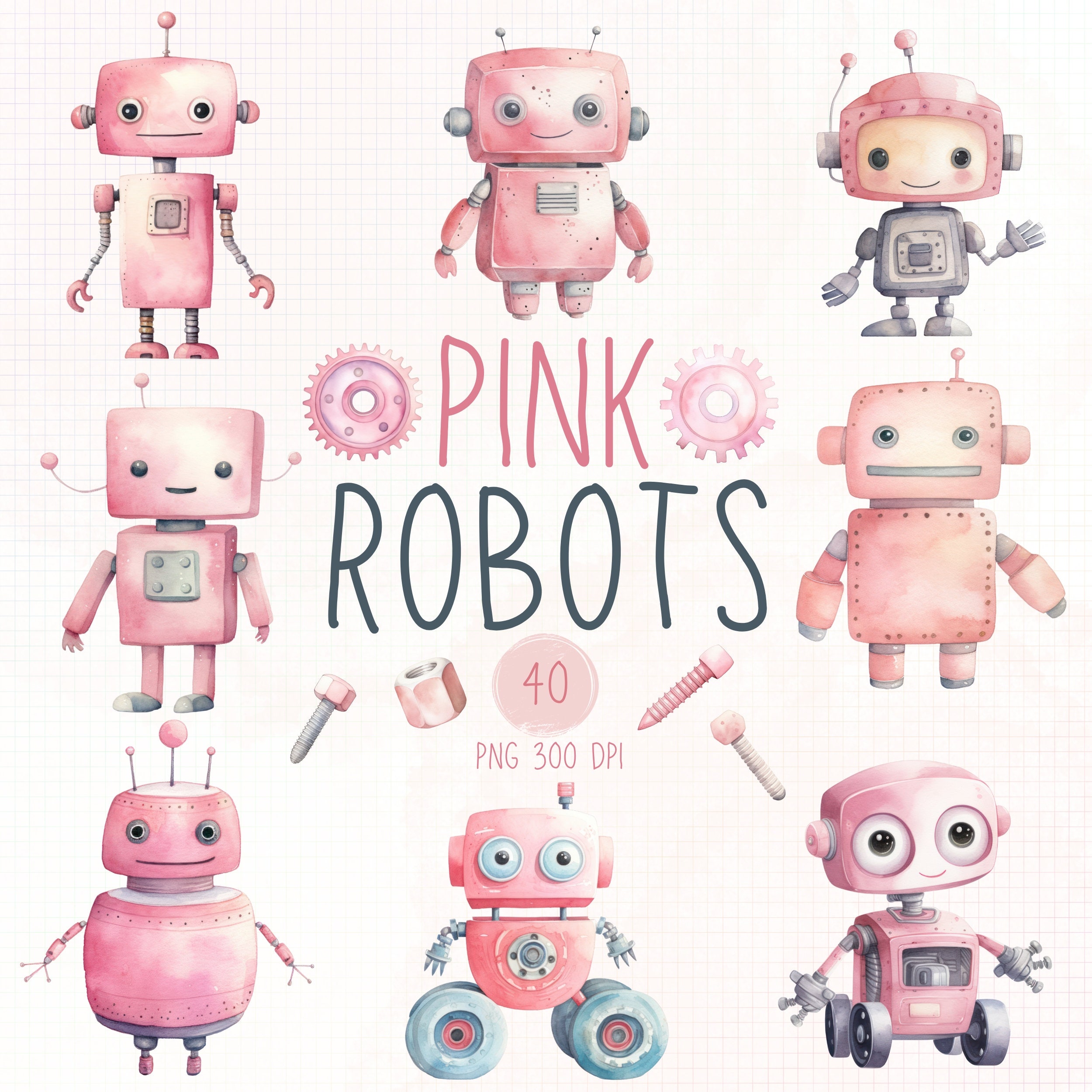 Pink Robot Watercolor Clipart, Cute Robots Bundle PNG, Mechanic ...