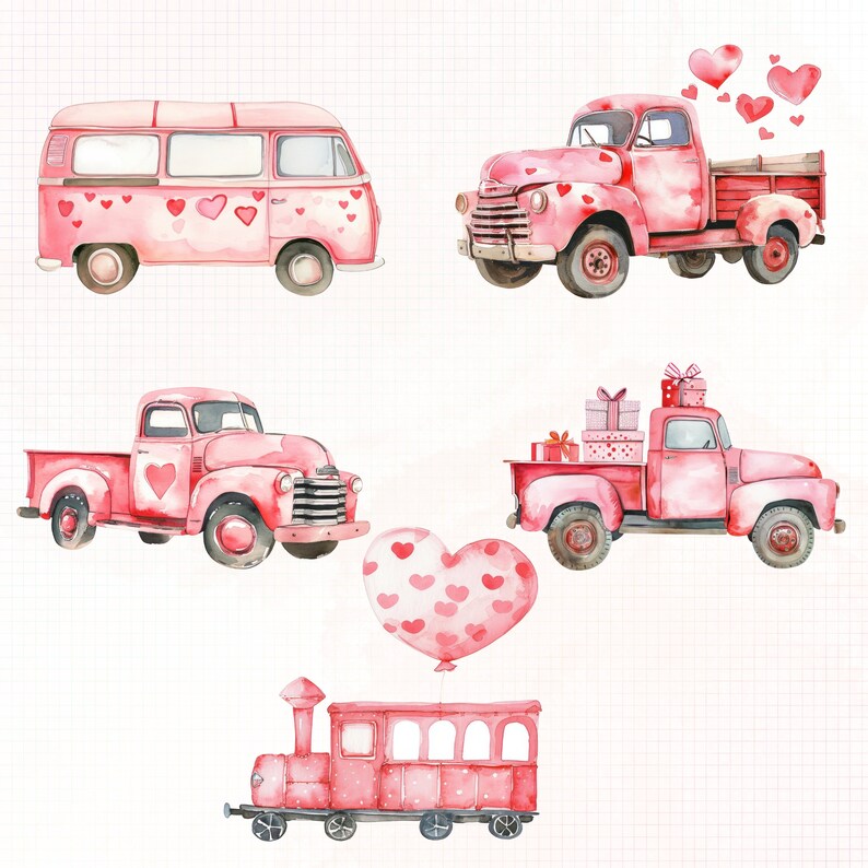 Valentine Vehicle, Valentine's Day Vehicle Clipart, Watercolor Vehicle ...