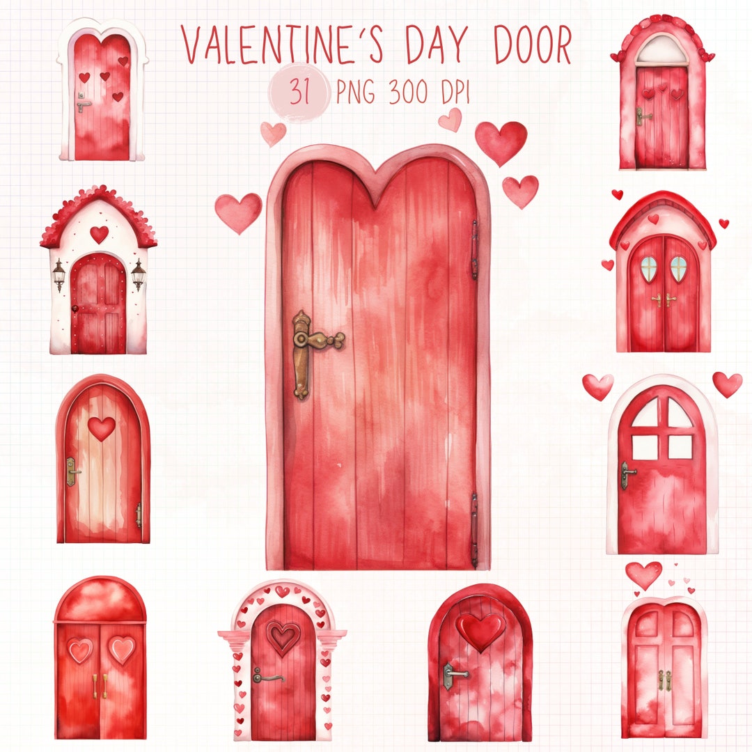 Watercolor Valentine's Day Door Clipart, Hearts PNG (digital Download ...