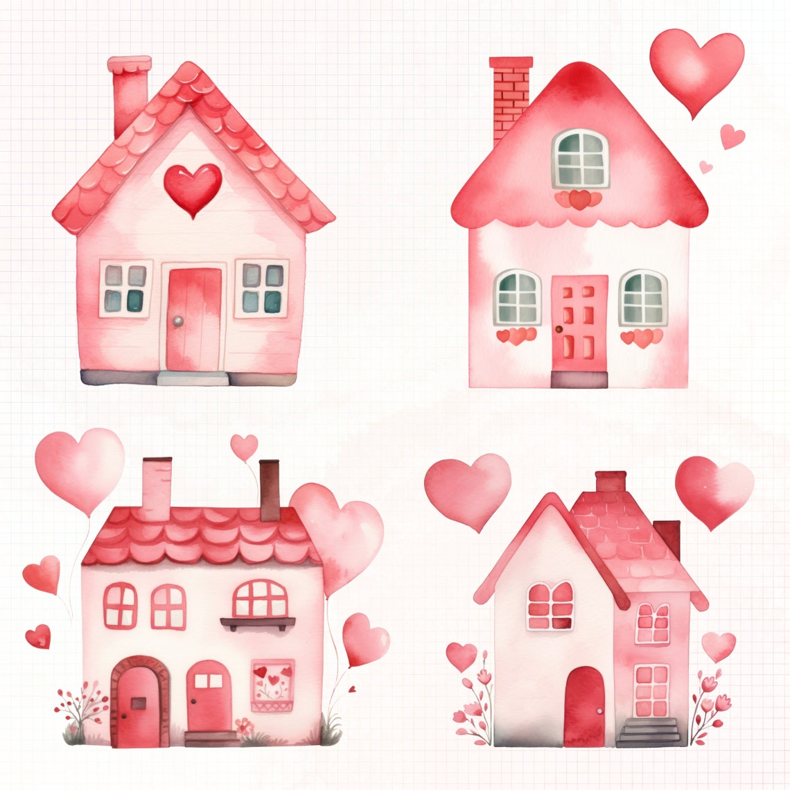 Watercolor Valentine House Clipart, Watercolor Valentine Cottage Png ...