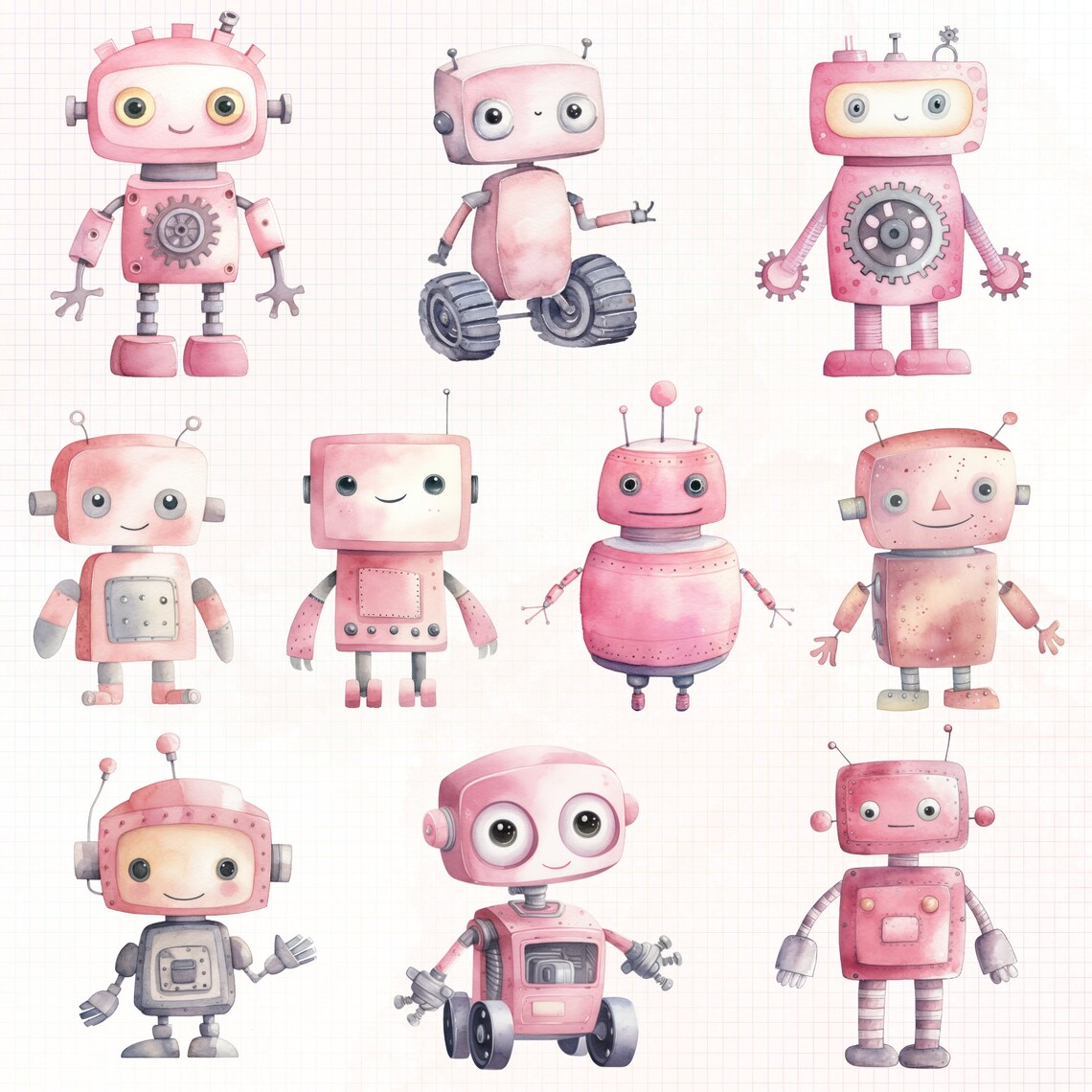 Pink Robot Watercolor Clipart, Cute Robots Bundle PNG, Mechanic ...