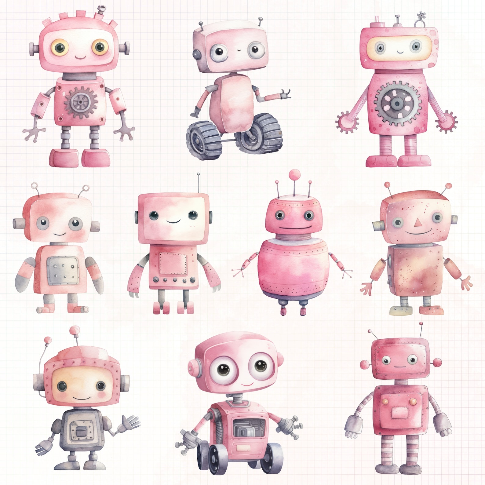 Pink Robot Watercolor Clipart, Cute Robots Bundle PNG, Mechanic ...