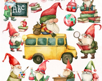 Back to School Gnome Watercolor Clipart (PNG) - Etsy