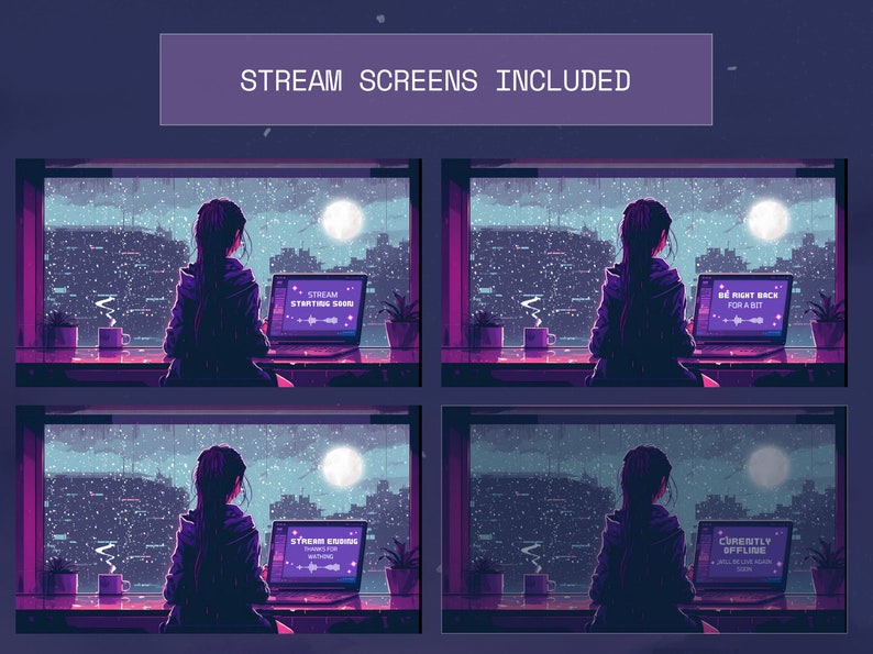 4 Animated Lofi Cozy Twitch Screens | Purple Stream Overlay | Cute Twitch Overlay | Lofi Girl ...