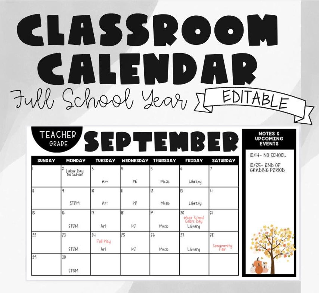 Classroom Calendar Editable Canva Template | Classroom Teacher | Black ...