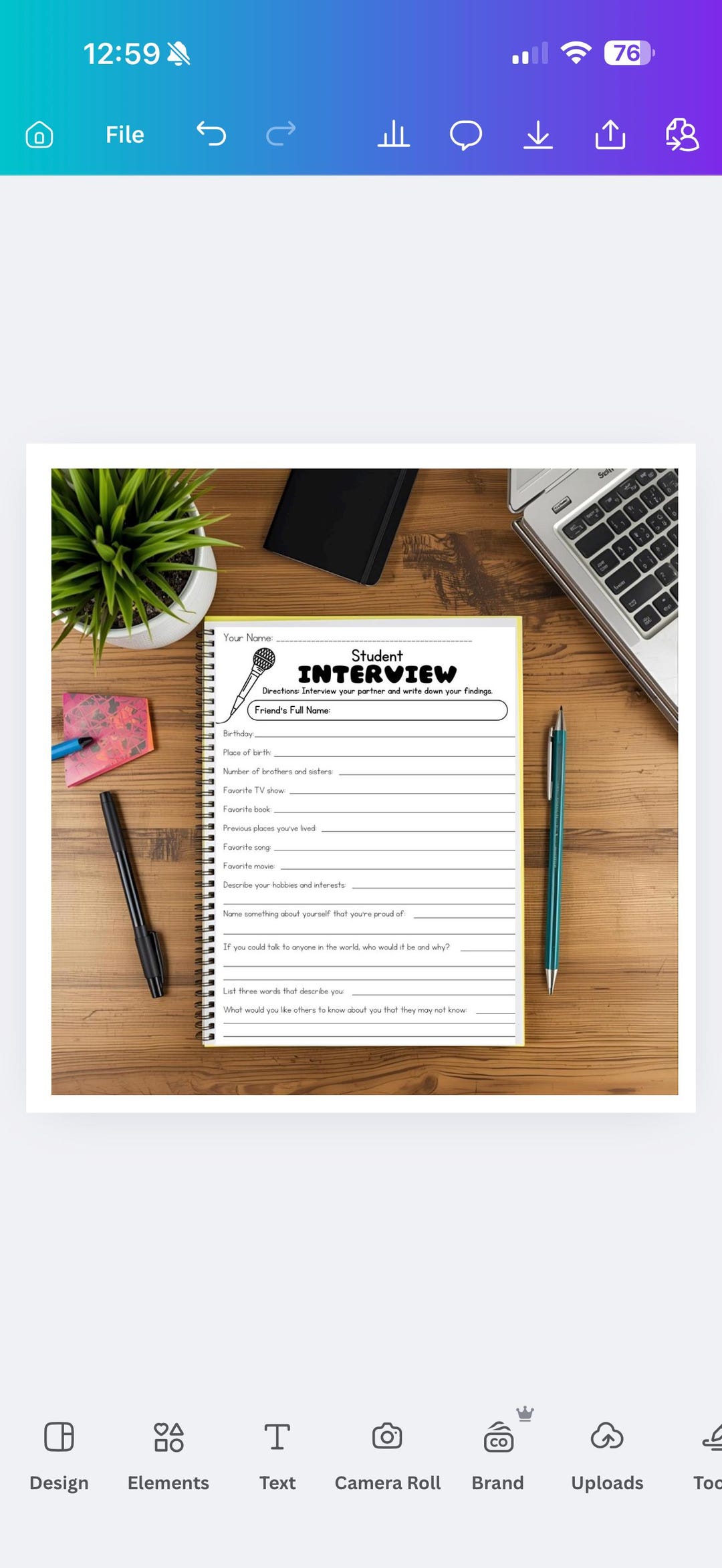 Student Interview Worksheet | Back to School Activity | Canva Editable ...