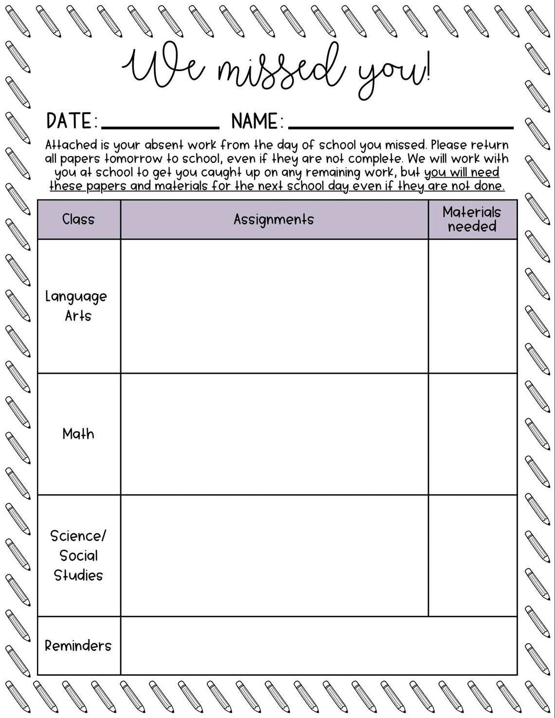 Missed Work Organizer: Editable Teacher Handout, Absent Student ...
