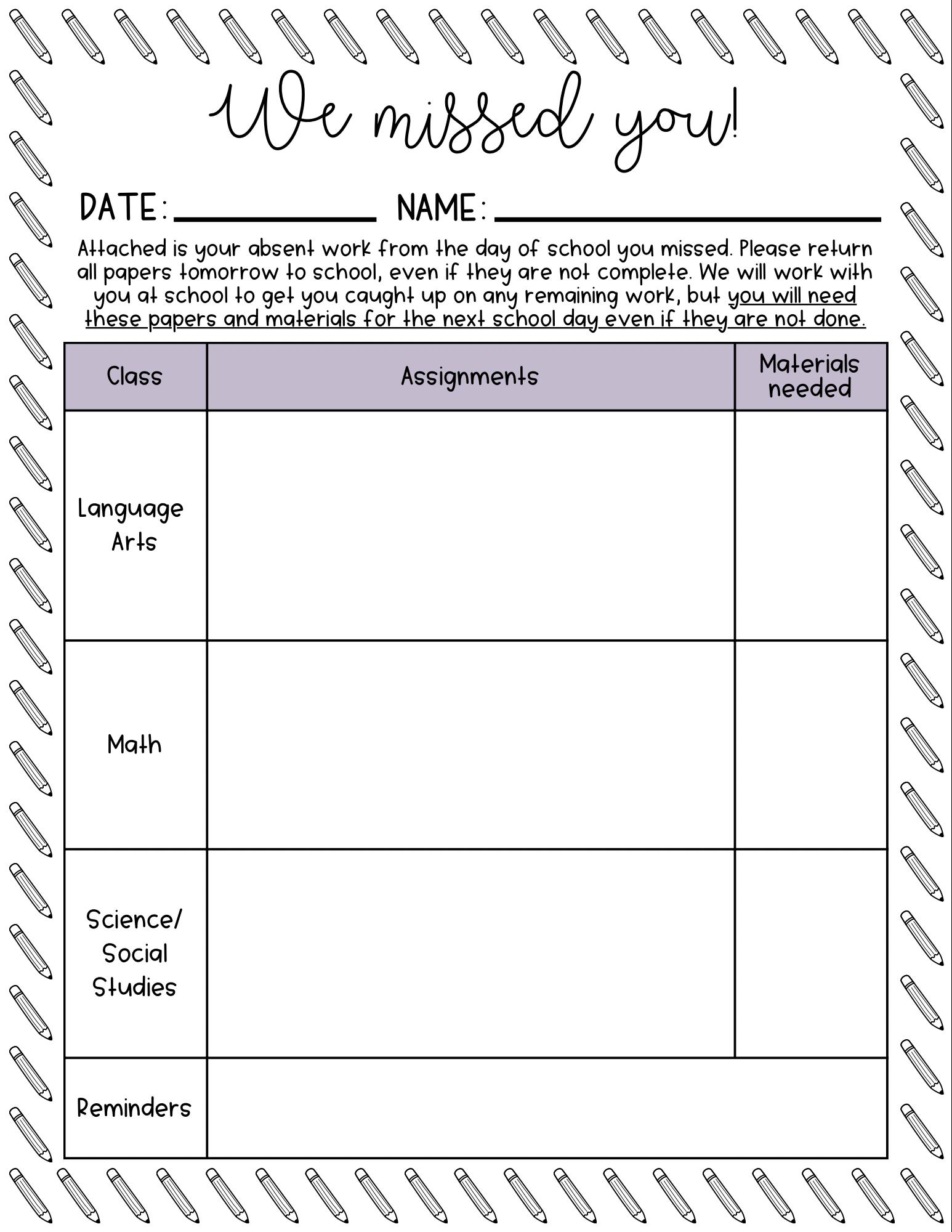 Missed Work Organizer: Editable Teacher Handout, Absent Student ...