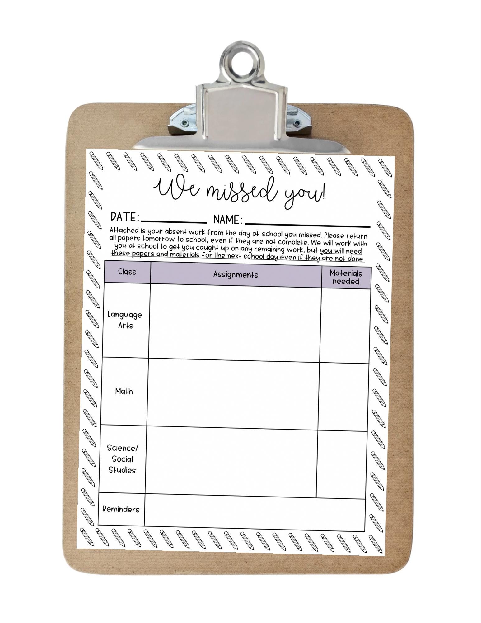 Missed Work Organizer: Editable Teacher Handout, Absent Student ...