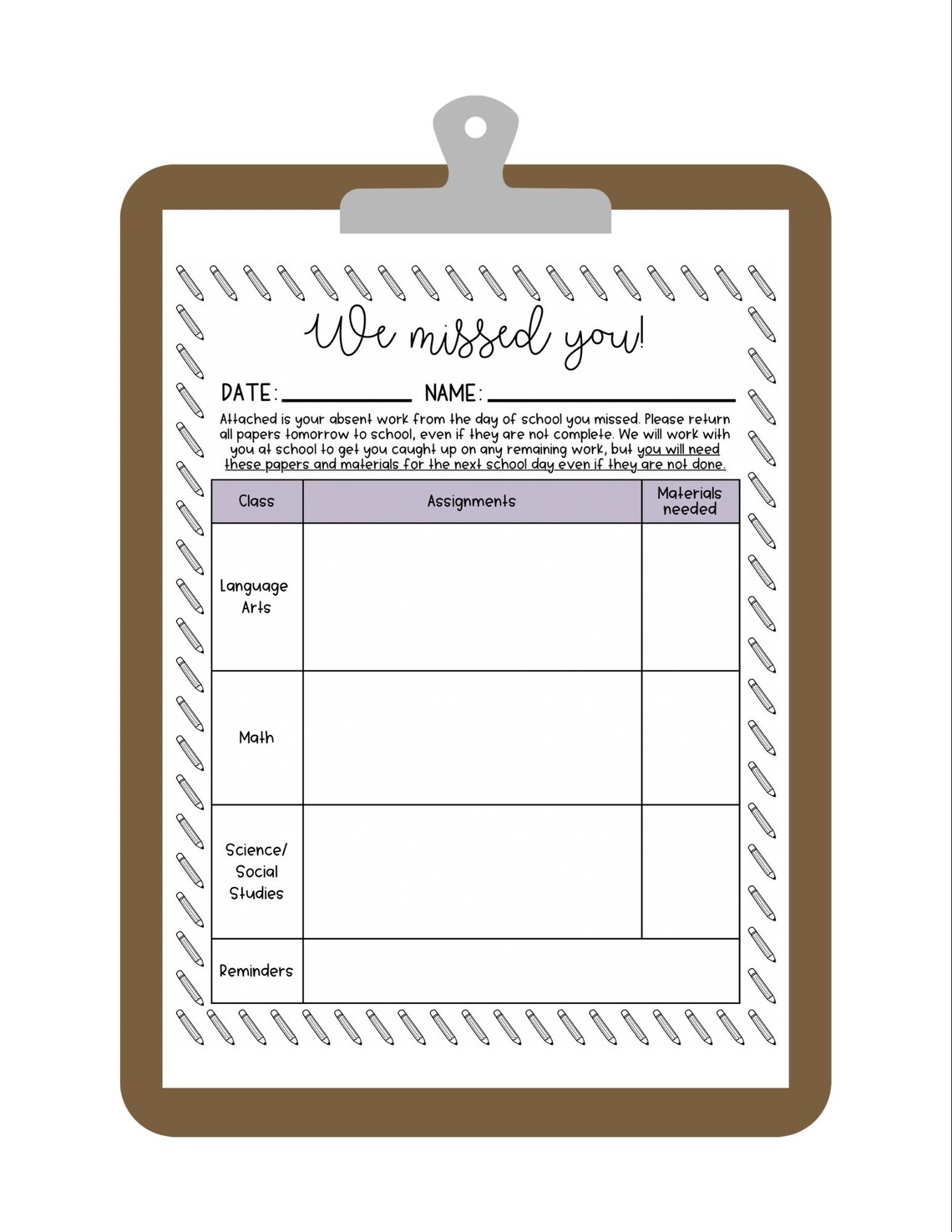 Missed Work Organizer: Editable Teacher Handout, Absent Student ...