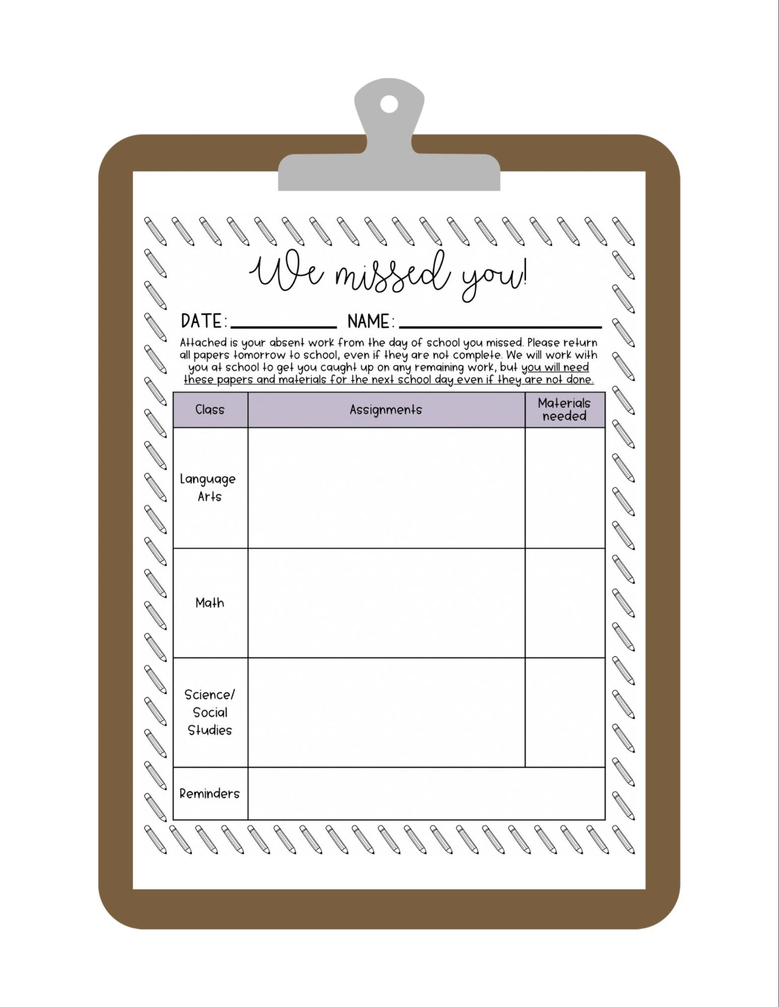 Missed Work Organizer: Editable Teacher Handout, Absent Student ...