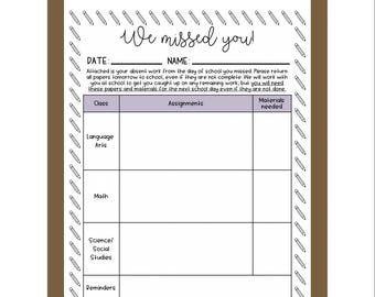 Missed Work Organizer: Editable Teacher Handout, Absent Student ...
