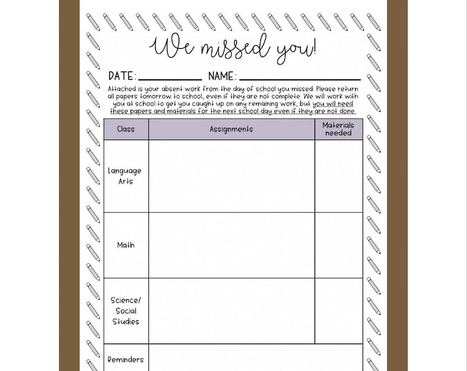 Missed Work Organizer: Editable Teacher Handout, Absent Student ...