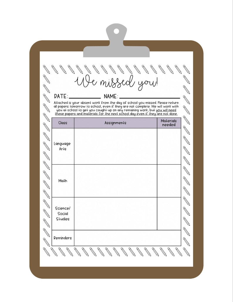Missed Work Organizer: Editable Teacher Handout, Absent Student ...