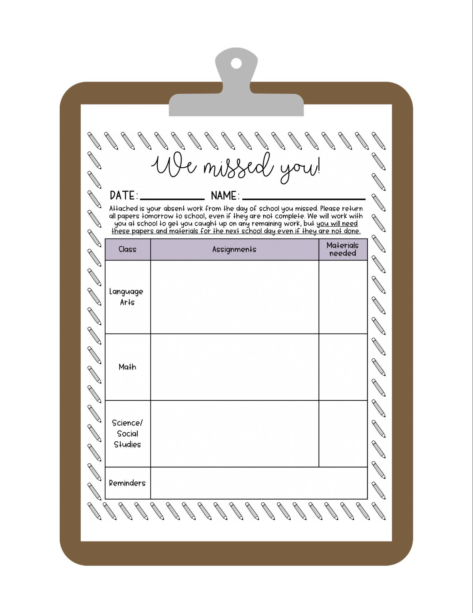 Missed Work Organizer: Editable Teacher Handout, Absent Student ...