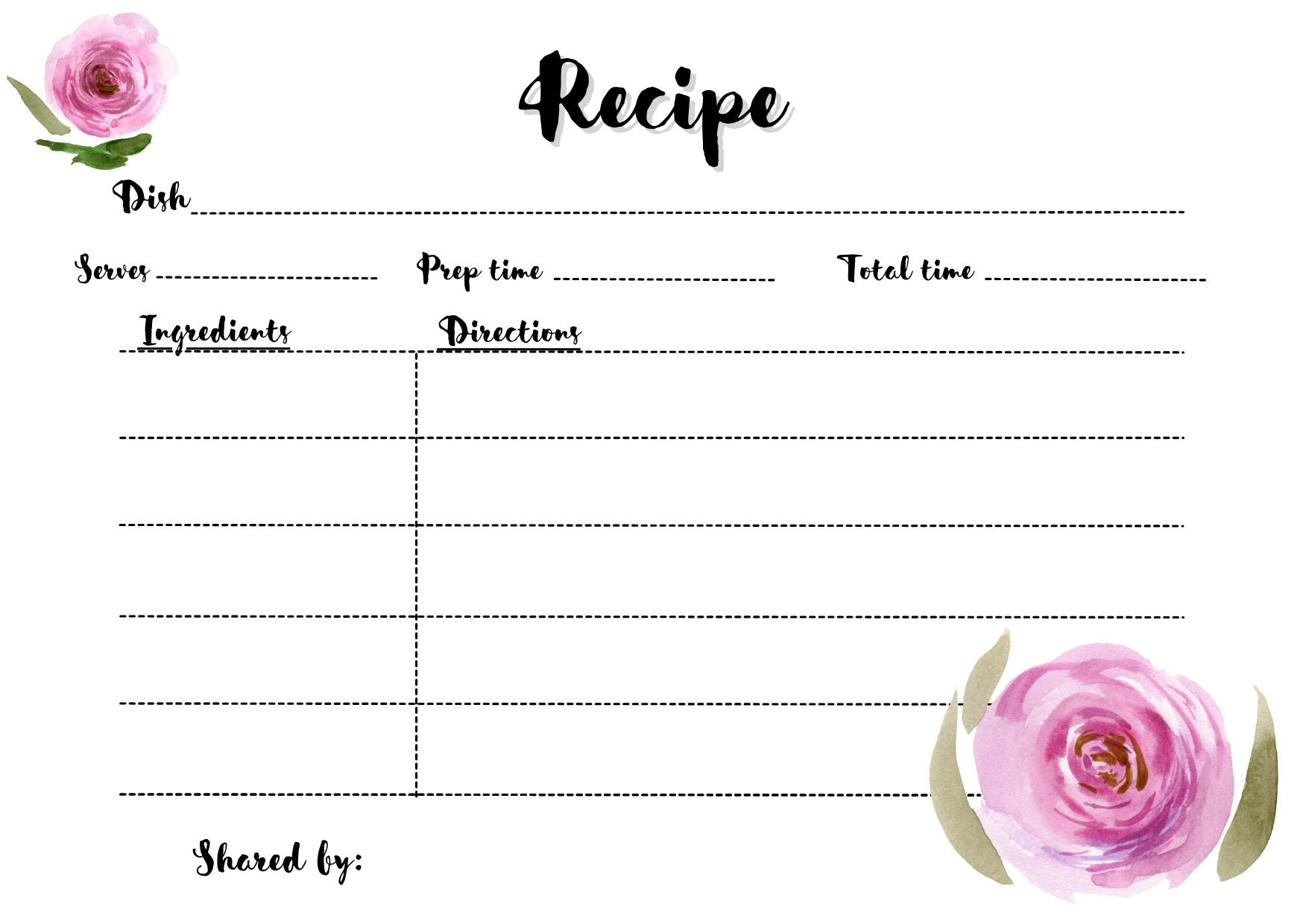 Watercolor Flower Recipe Cards - Etsy