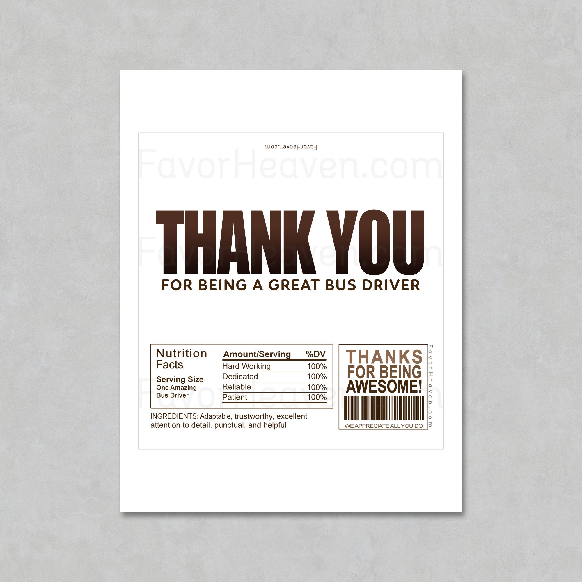BUS DRIVER THANK You Instant Download Printable Chocolate Candy Bar ...