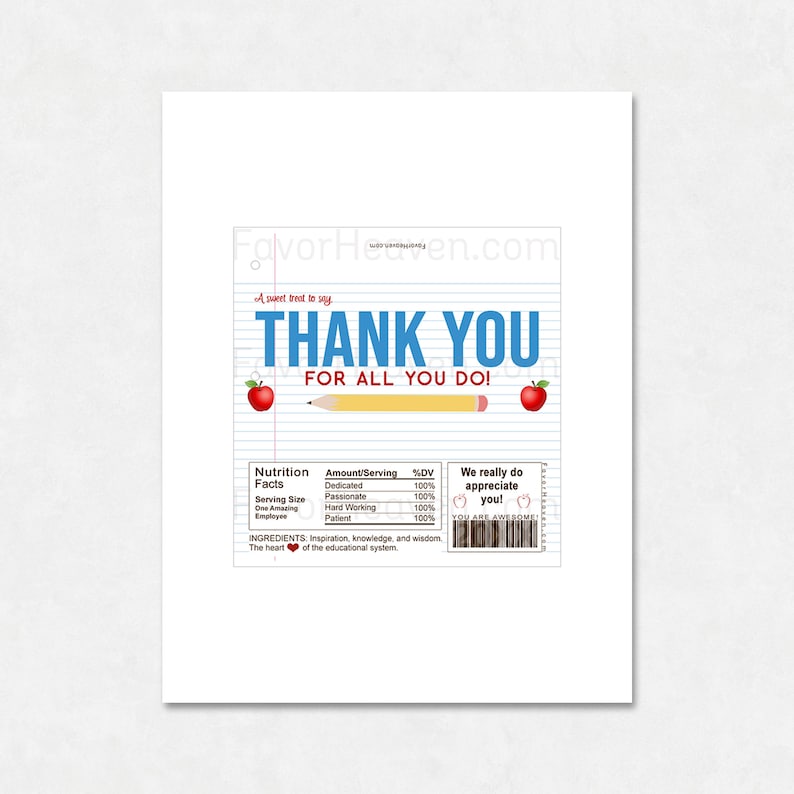 TEACHER APPRECIATION Chocolate Bar Wrapper Printable Instant - Etsy