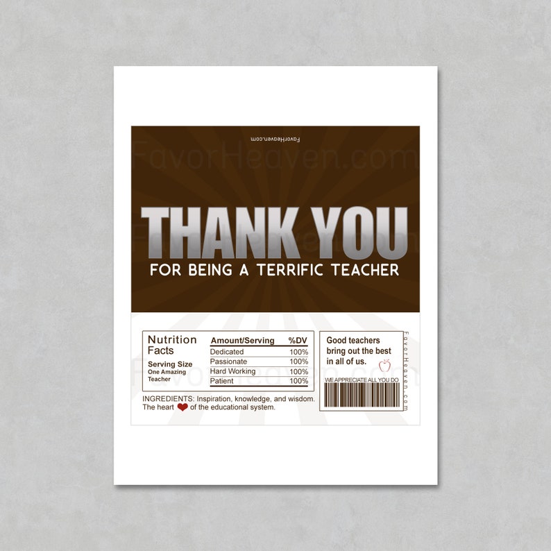 TEACHER APPRECIATION Chocolate Bar Wrapper Printable Instant Digital ...