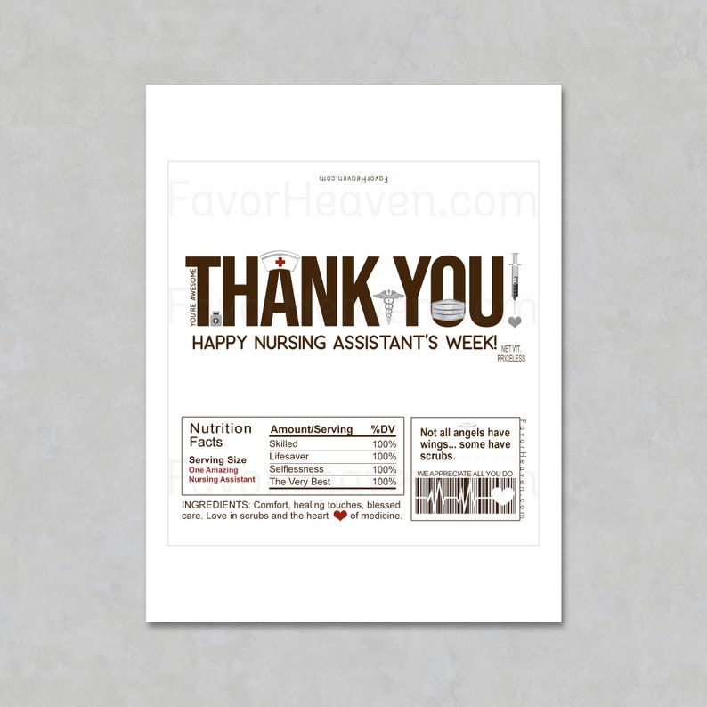 HNA Nursing Assistant Appreciation Bar Digital Download Candy Bar ...