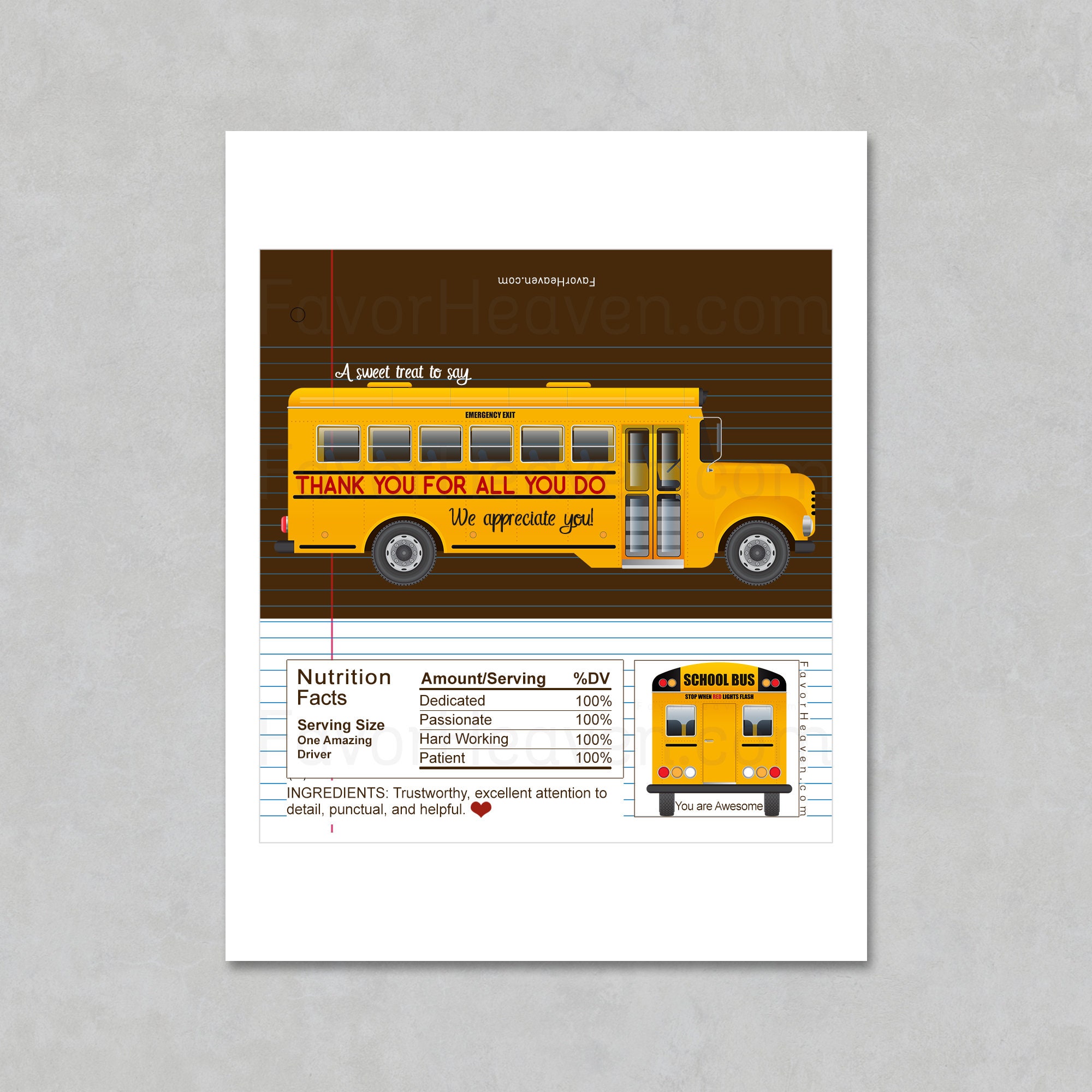 BUS DRIVER School THANK You Instant Download Printable Chocolate Candy ...