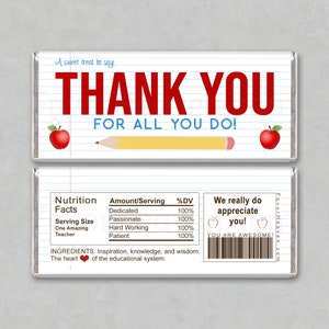 TEACHER APPRECIATION Chocolate Bar Wrapper Printable Instant Digital ...