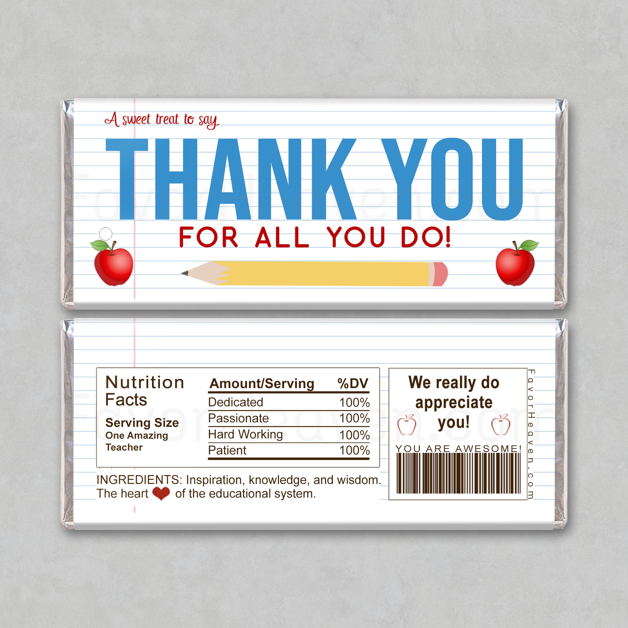 TEACHER APPRECIATION Chocolate Bar Wrapper Printable Instant Digital ...