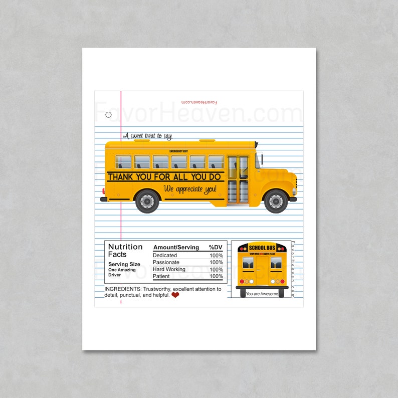 BUS DRIVER School THANK You Instant Download Printable Chocolate Candy ...