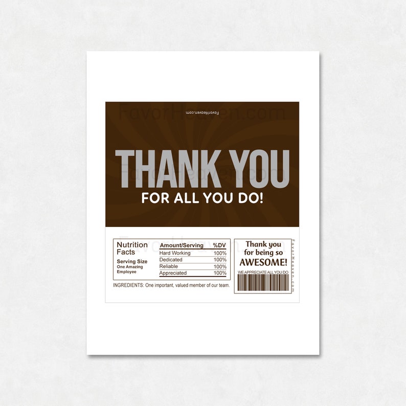 EMPLOYEE APPRECIATION THANK You Instant Download Printable Chocolate ...