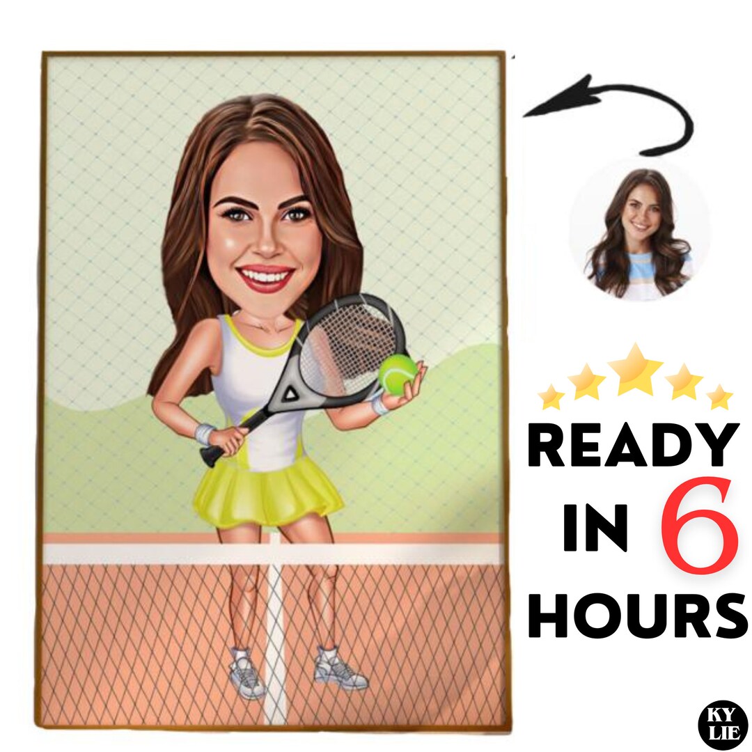Custom Woman Tennis Player Cartoon Portrait, Tennis Caricature, Gift ...
