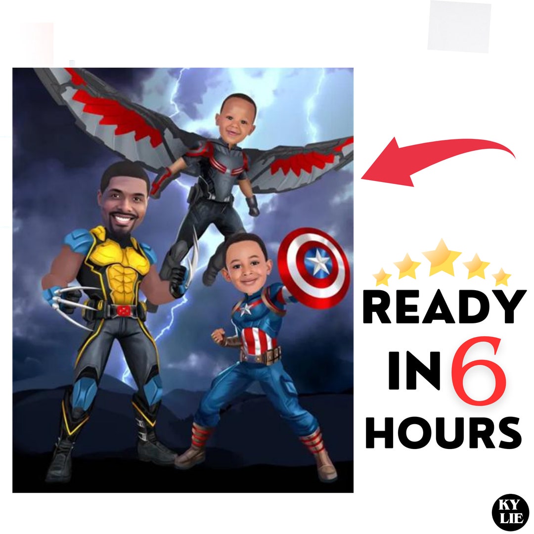 Custom Dad and Two Son Superhero Cartoon Portrait, Superhero Portrait ...