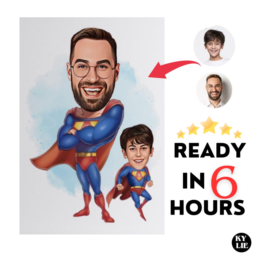 Custom Super Dad and Son Cartoon Portrait, Super Dad Portrait, Dad's ...