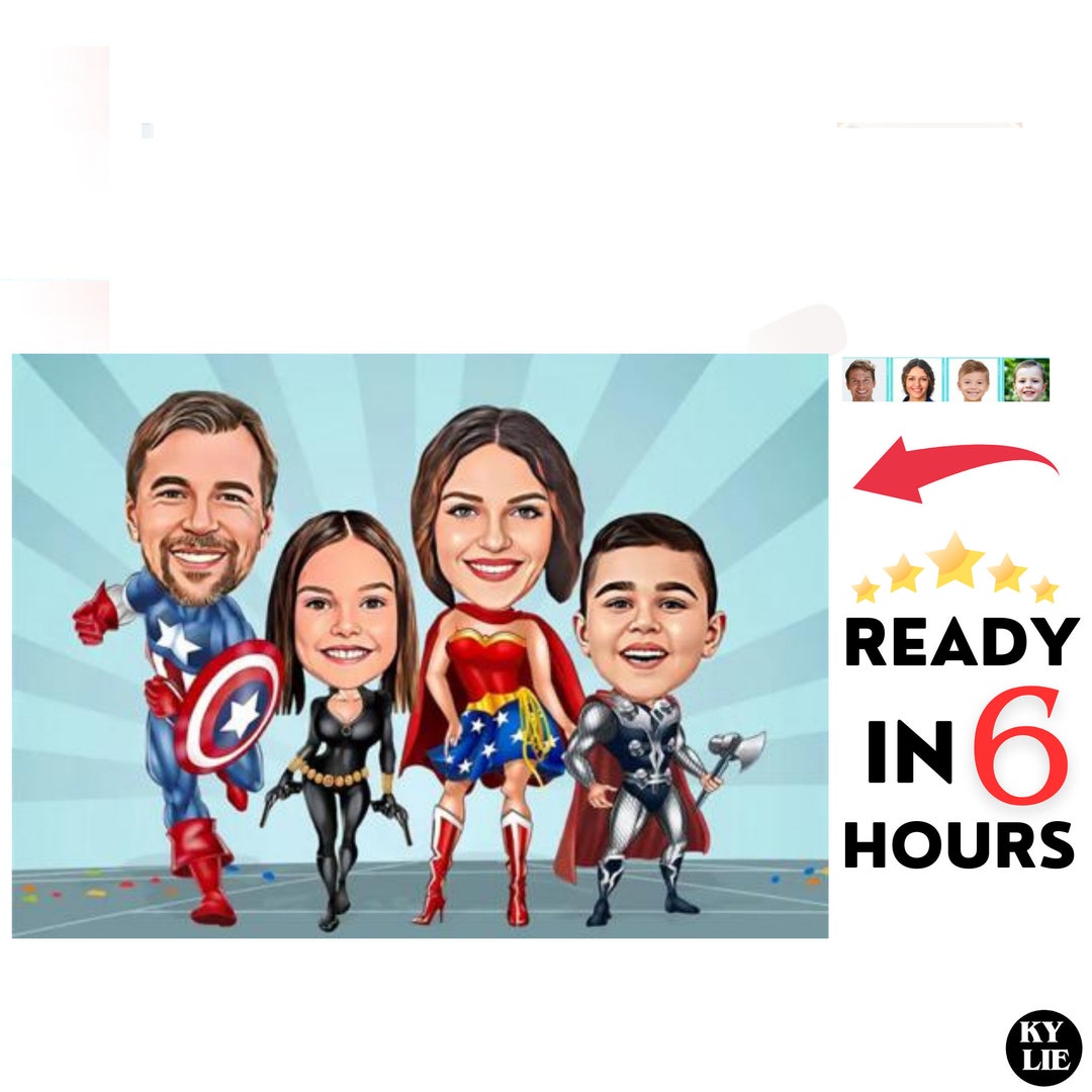 Custom Superhero Family Cartoon Portrait, Family Portrait, Family Gift ...
