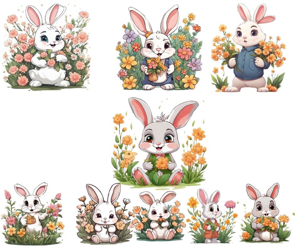 Cute Bunnies With Flowers Clipart Bundle Nursery Spring - Etsy